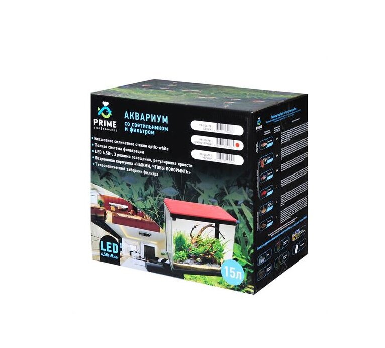 Аквариум PRIME, 15л, красно-черный, с LED светильником, фильтром и кормушкой