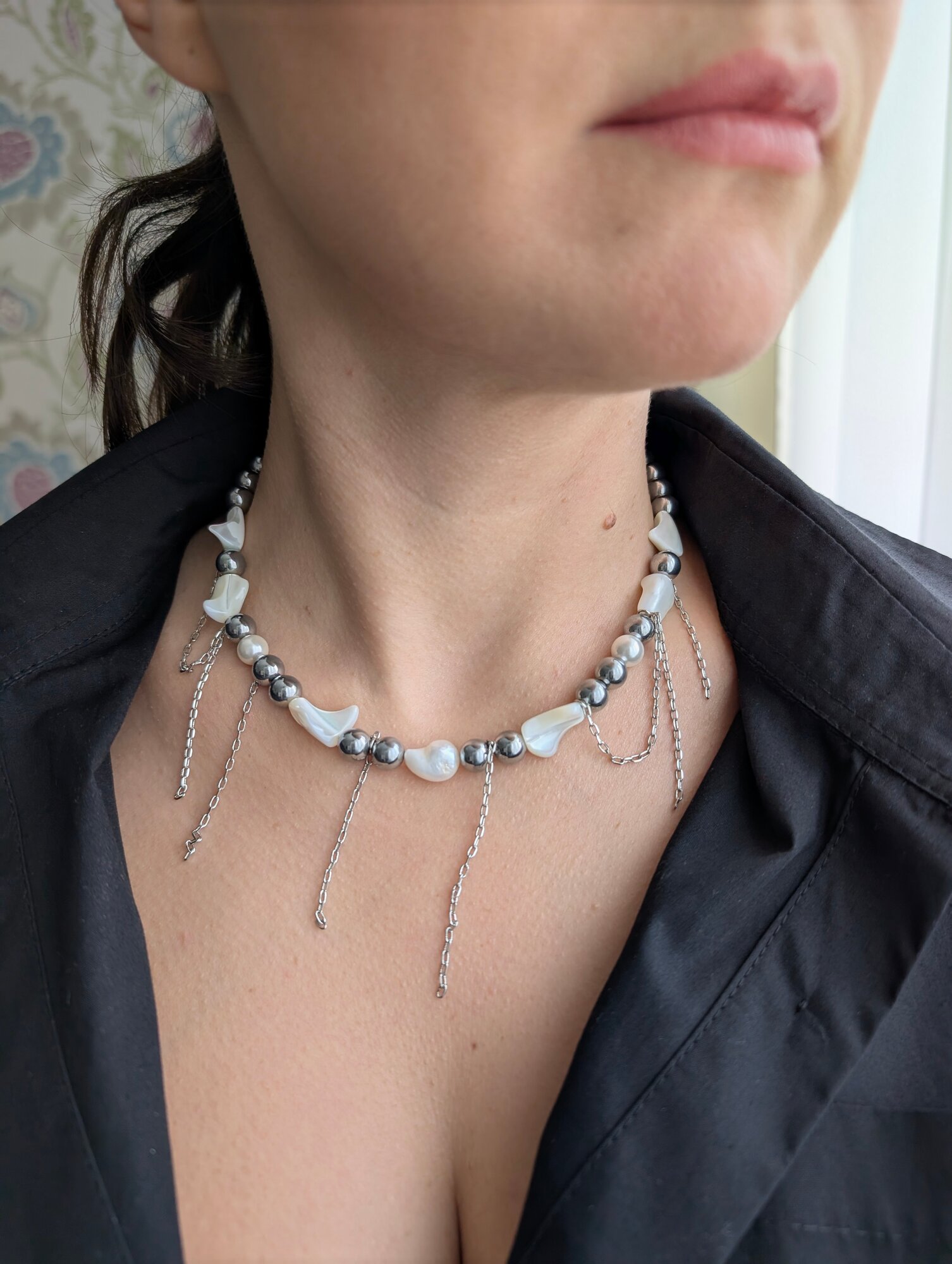 Колье, перламутр, гематит, жемчуг культивированный