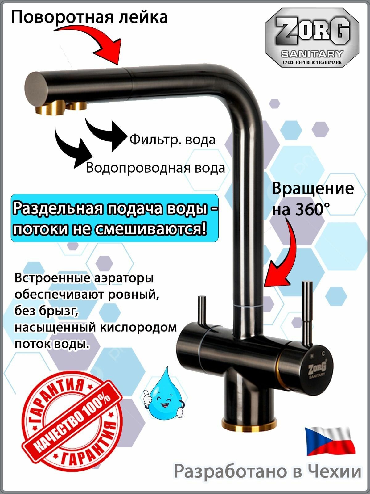 Смеситель для кухни под фильтр ZorG Inox SZR-7039 BR/GRAFIT