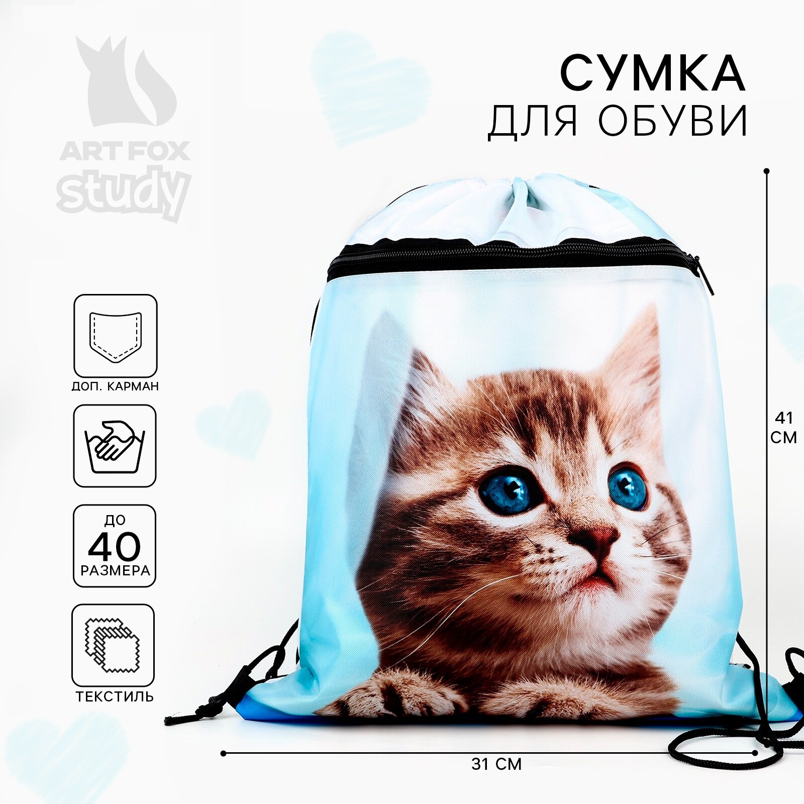 Сумка для обуви «Милый котик», 2 секции, 41 х 31 см, голубой