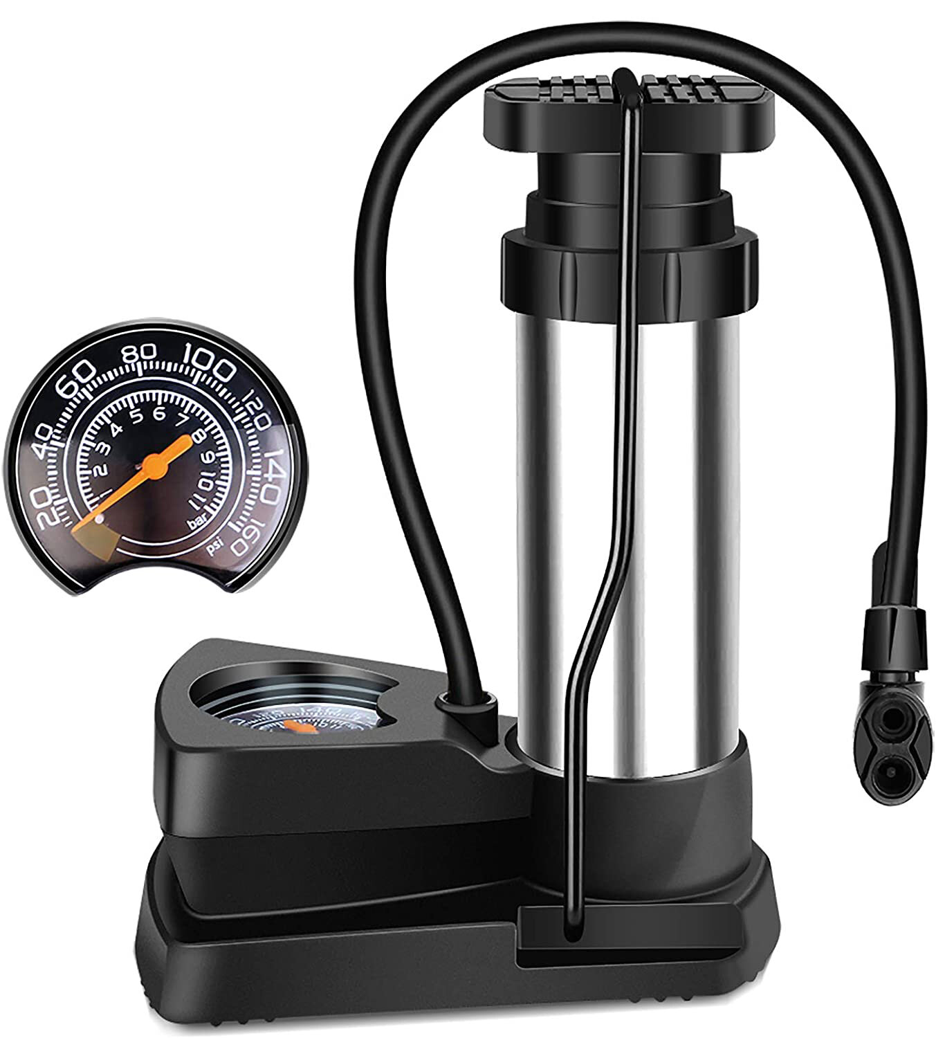 Велосипедный насос, миниатюрный портативный ножной насос с манометром, напольный насос, подходит для горных треккинговых, городских и детских велосипедов. Подходит для мячей, плавательных кругов и надувных матрасов.