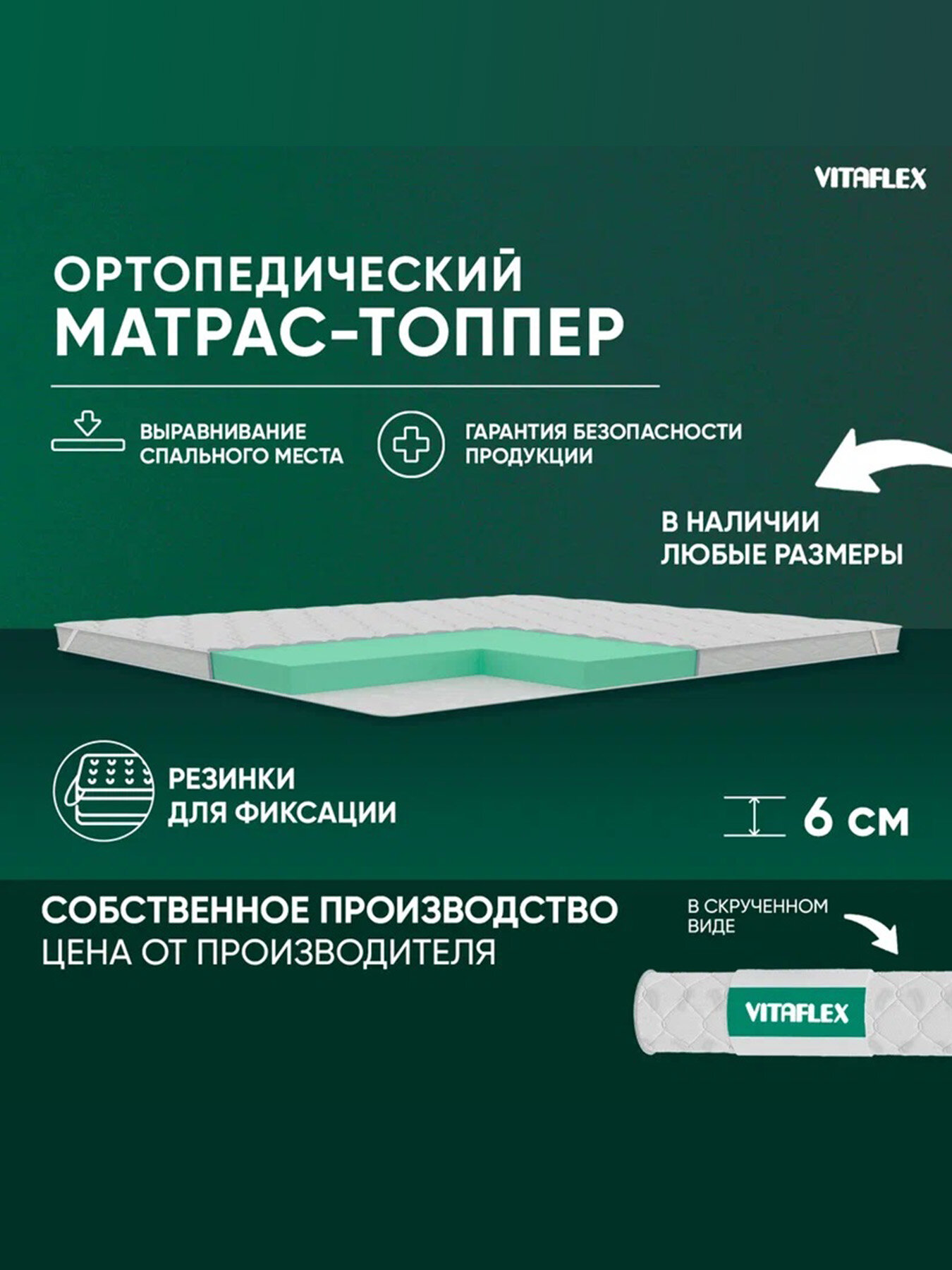 Топпер матрас 145х185 Vitaflex Soft Tricot 5x4Sk 2 канта, ортопедический, с резинками по углам, на матрас или диван