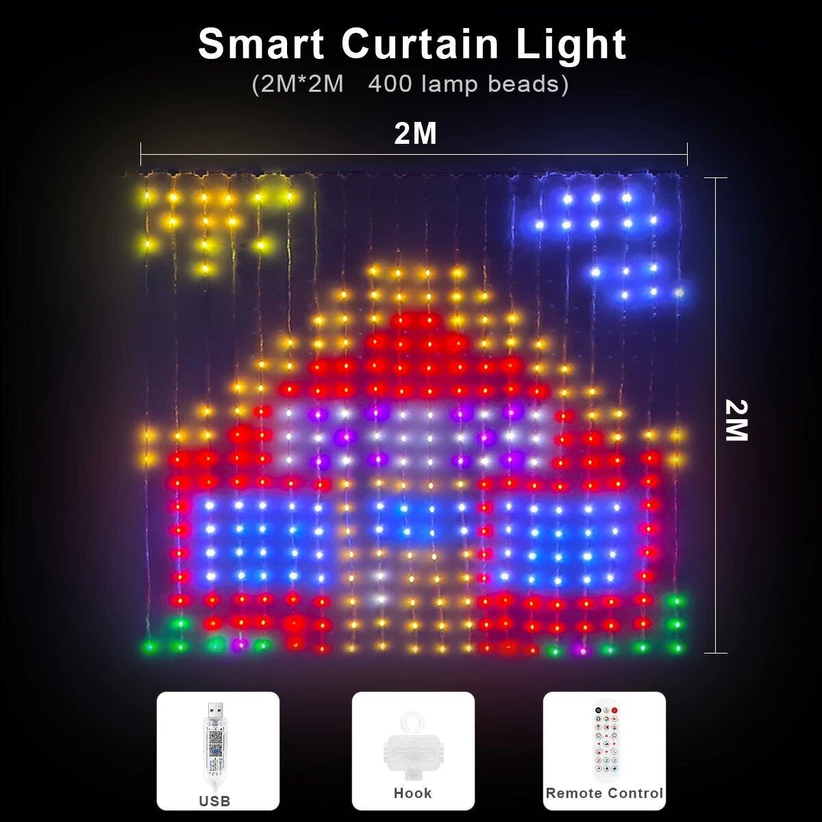 RGB-гирлянда штора 2x2м, 400 LED, пульт, USB