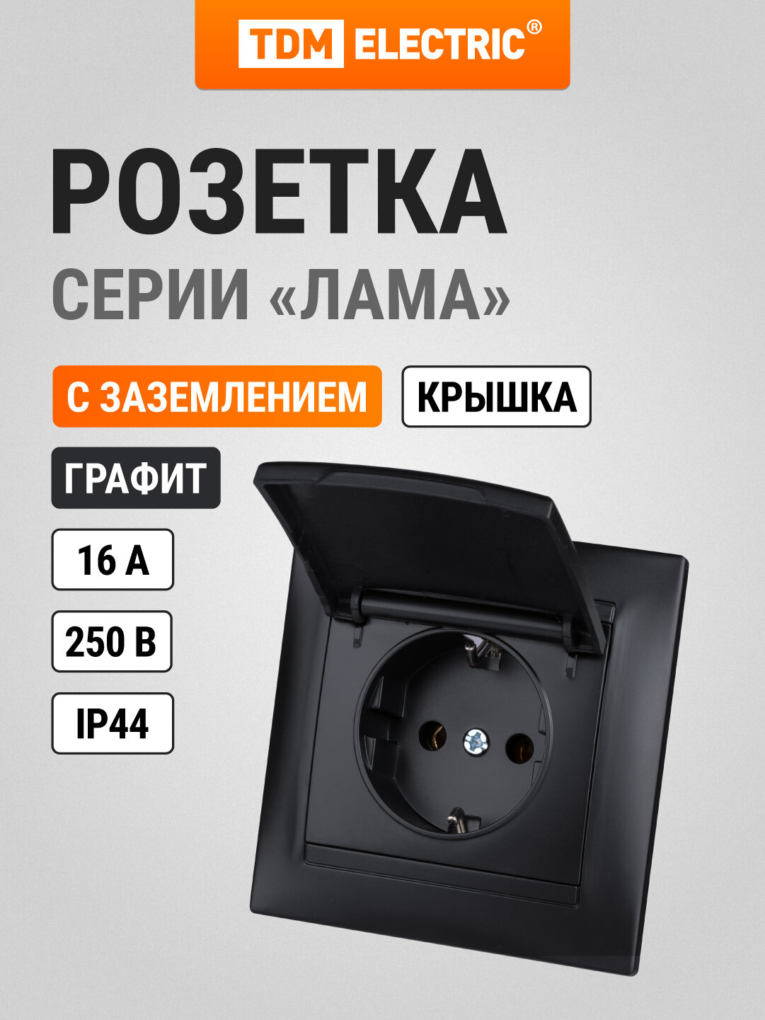 Розетка 2П+З 16А 250В IP44 с крышкой графит "Лама" TDM