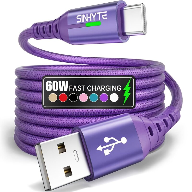 Быстрозарядный USB-A — USB-C кабель, 60 Вт, оплетённый, с индикатором зарядки, белый, длина 3 м