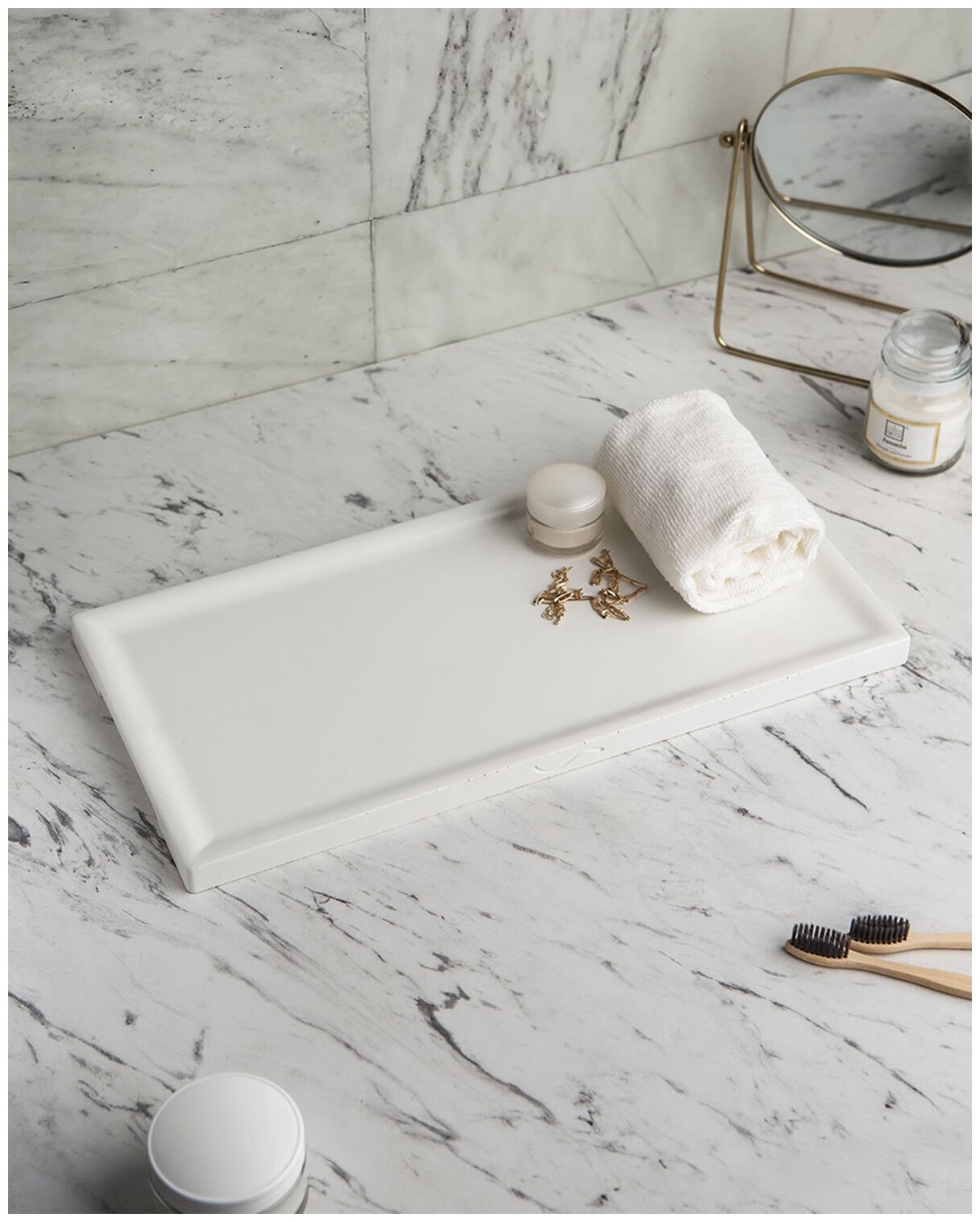 Декоративный поднос MUSKO HOME Dorian Long S, 40x20 см, бетон, белый глянцевый