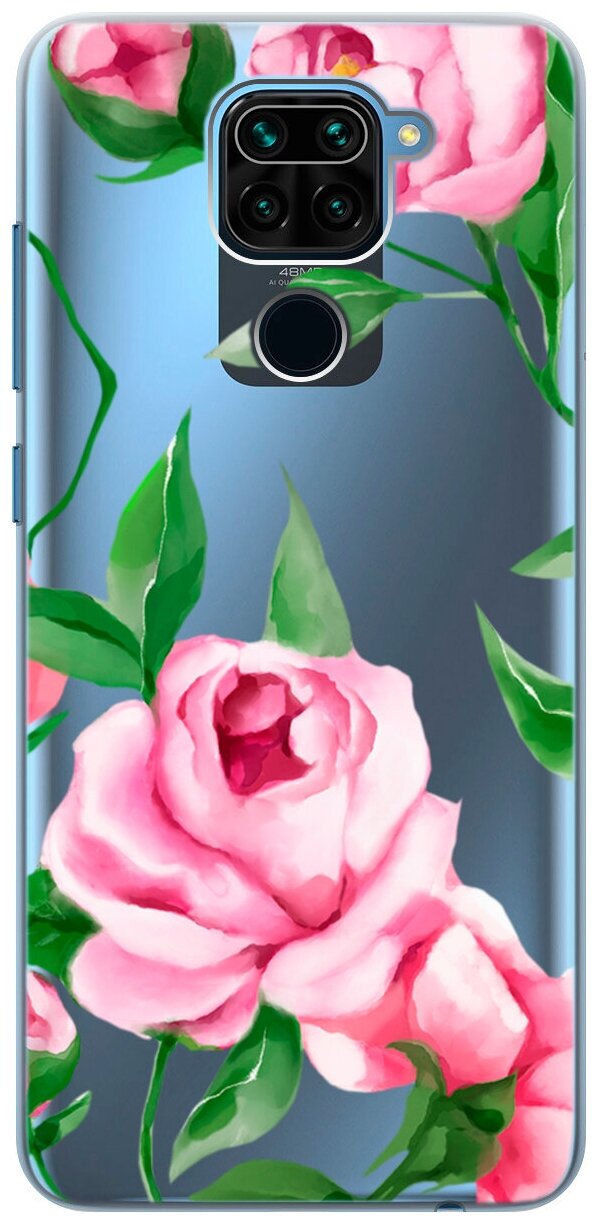 Силиконовый чехол на Xiaomi Redmi Note 9, Сяоми Редми Ноут 9 с 3D принтом "Amazing Peonies" прозрачный