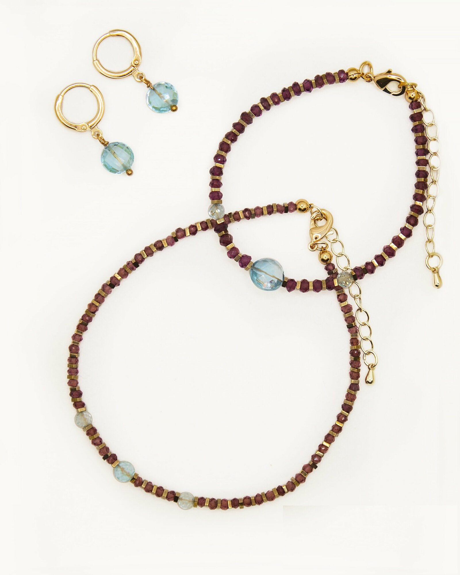 Комплект бижутерии Helena: браслет на ногу, серьги, браслет, топаз, гематит, турмалин