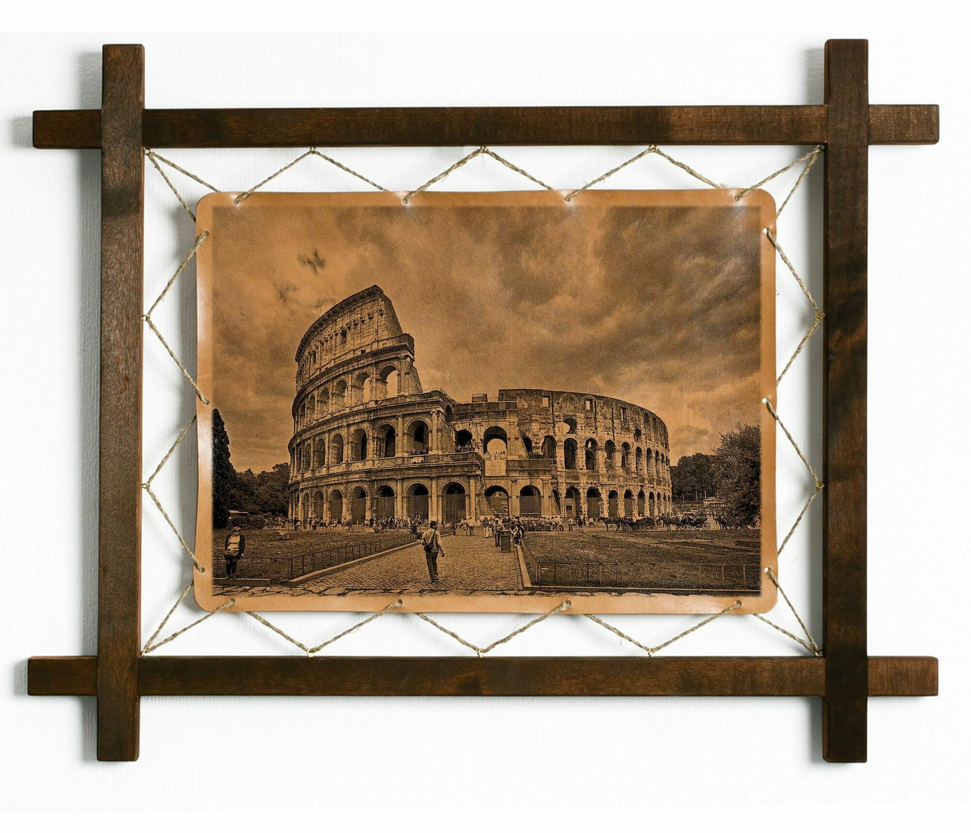 Интерьерная картина из натуральной кожи "Колизей", декоративное настенное панно в деревянной раме, BoomGift