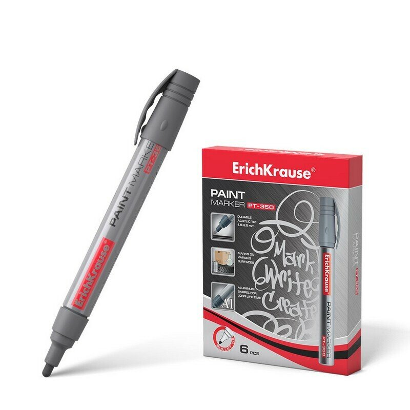 Маркер-краска ErichKrause "PT-350", серебристый, круглый наконечник, перманентные чернила, 1,5 мм (1 маркер)