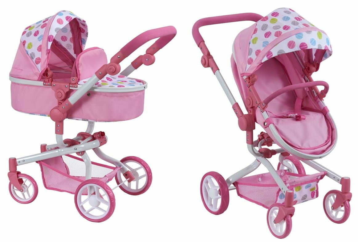 Synergy Коляска-трансформер для кукол розовая с белой отделкой в горошек 9695/цвeт№4 с 3 лет