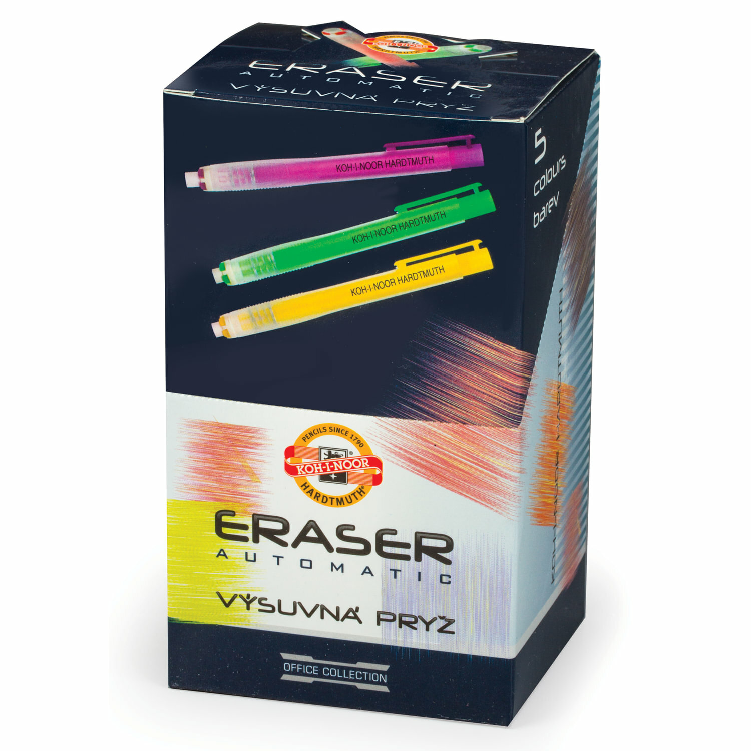 Упаковка 12 шт. Ластик выдвижной KOH-I-NOOR, 132х15х15 мм, белый, пластиковый держатель ассорти, натуральный каучук, 9736000002PS