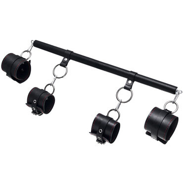 74313 Pecado Бандажный набор 4 точки фиксации (распорка, наручники, оковы), черный. Из натуральной кожи