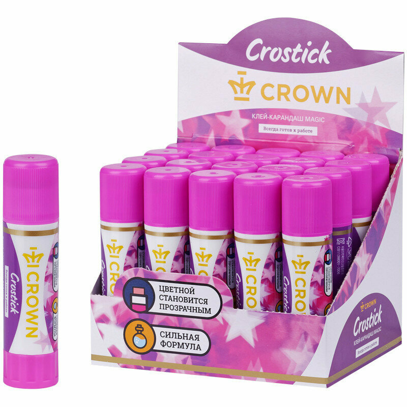 Клей-карандаш Crown "Indicator", 15г, с цветным индикатором, ПВП, 222633