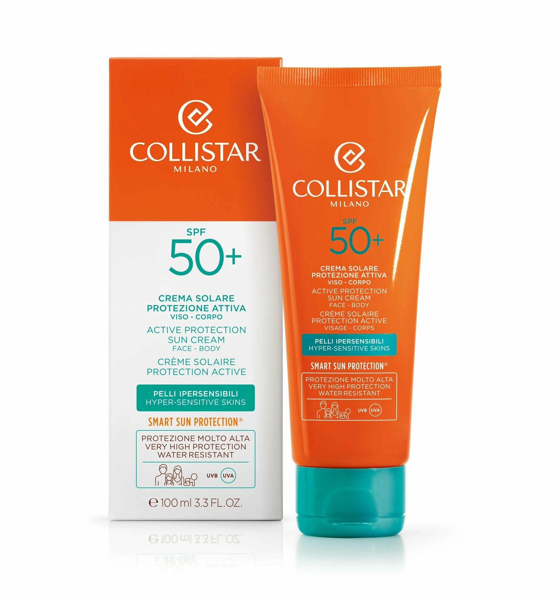Солнцезащитный крем для лица и тела с высокой защитой SPF 50+/100 мл, COLLISTAR ACTIVE PROTECTION SUN CREAM HYPER-SENSITIVE SKINS SPF 50/ 100ml