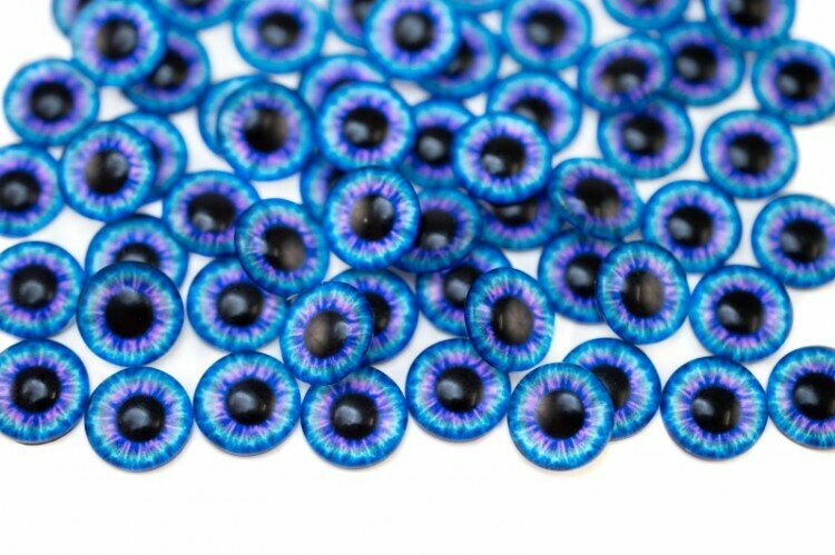 Кабошон стеклянный круглый с принтом Глаз 12х4мм, оттенок синий, 2030-054, 10шт