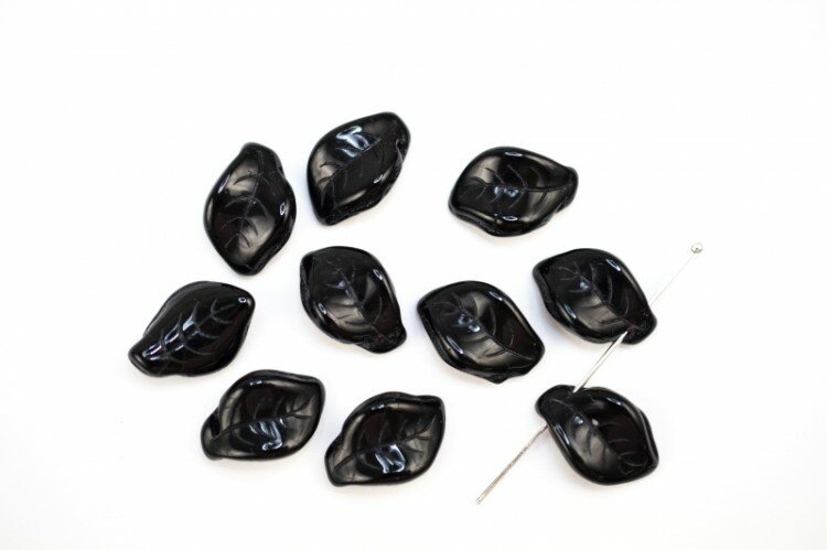 Бусина Листочек 14х9х4мм, цвет черный, непрозрачная, стеклянная, 735-010, 10шт