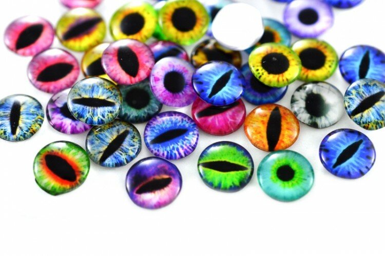 Кабошон стеклянный круглый с принтом Глаз 10х4мм, микс цветов, 2030-013, 10шт
