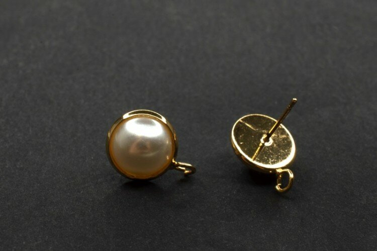 Гвоздики основы для серег круглые 16х12х0,8мм, отверстие 2,5мм, цвет золото/белый, латунь/акрил, 21-143, 1 пара