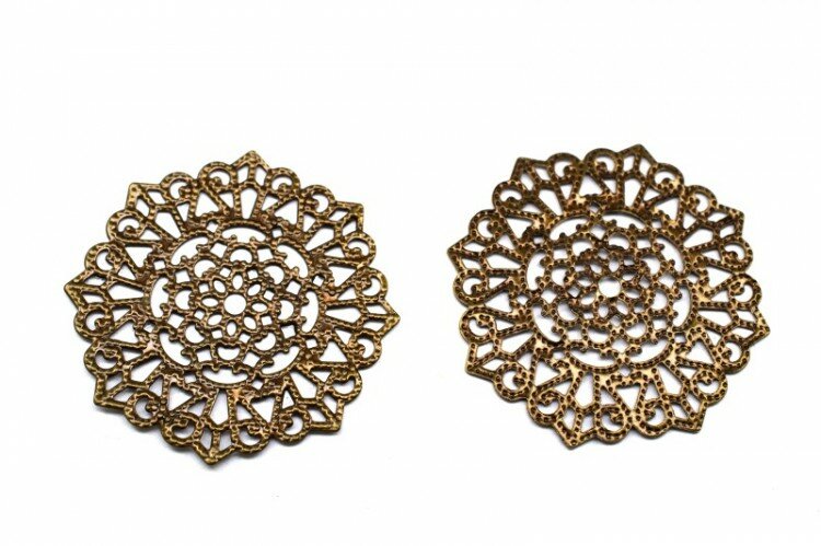 Коннектор-соединитель Круглый филигрань 33х33мм, отверстие 1мм, цвет бронза, медь, 14-177, 2шт