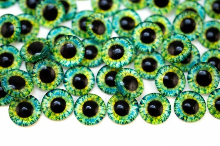 Кабошон стеклянный круглый с принтом Глаз 10х3,5мм, оттенок аквамарин, 2030-039, 10шт