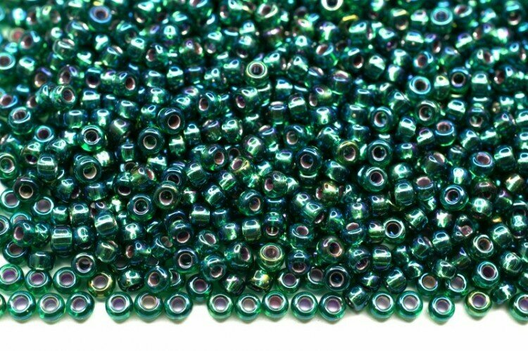 Бисер японский MIYUKI круглый 11/0 #1017 изумрудный, радужный, серебряная линия внутри, 10 грамм