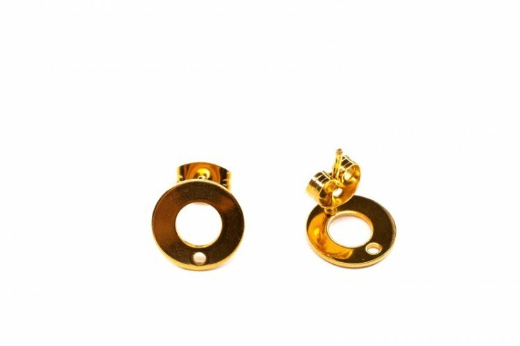 Гвоздики основы для серег 12х10х0,8мм с заглушкой, отверстие 1мм, цвет золото, хирургическая сталь, 21-276, 1 пара