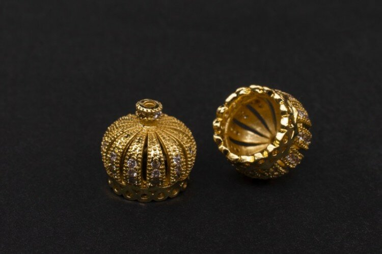 Концевик Корона 13х13,5мм, внутренний диаметр 9,2мм, отверстие 1мм, цвет золото, латунь/стразы цирконий, 01-084, 2шт