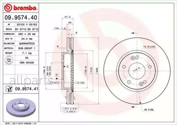 BREMBO 09957440 09.9574.40 диск тормозной передний!\ Kia Ceed, Hyundai i30 1.4-2.0/1.6 CRDi 06>