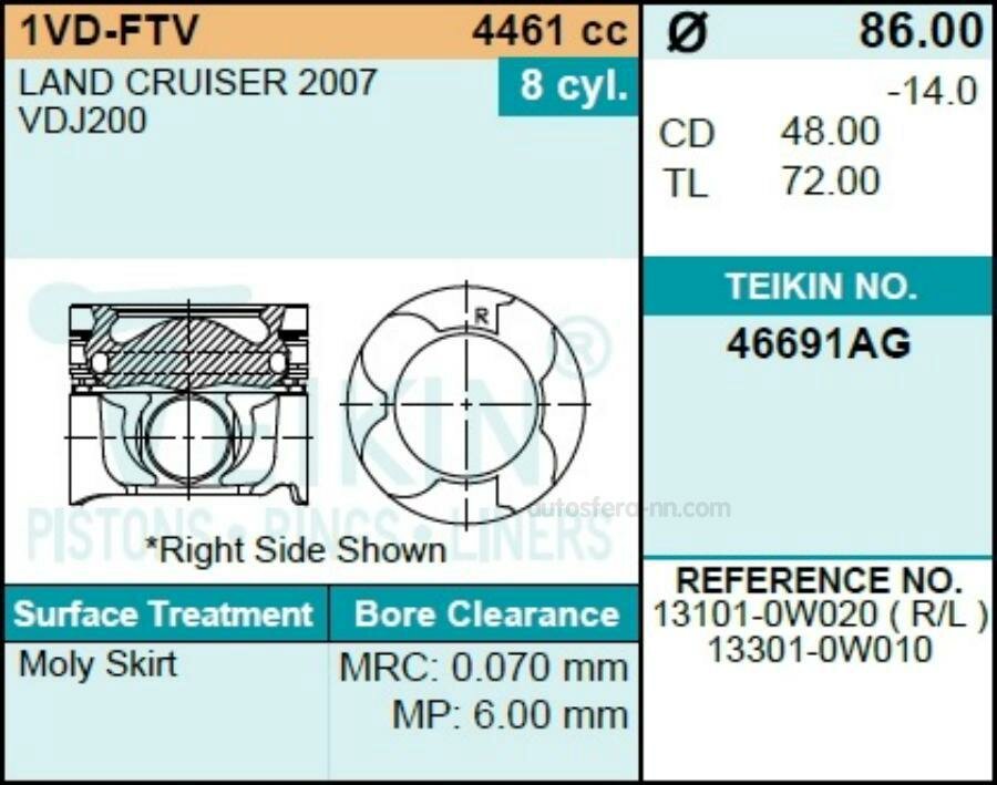 TEIKIN 46691AG050 Поршень (0.5/ к-т 8 шт с охлаждением) Toyota Land Cruiser (J200) 07-21 1VDFTV