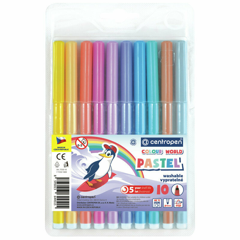 Фломастеры Centropen "Colour World. Pastel", 10цв, 2мм, смываемые, блистер, 304728