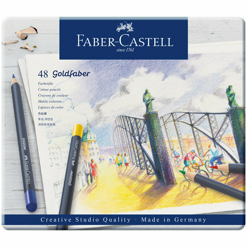 Карандаши цветные Faber-Castell "Goldfaber", 48цв, круглые, заточен, метал. коробка, 285916