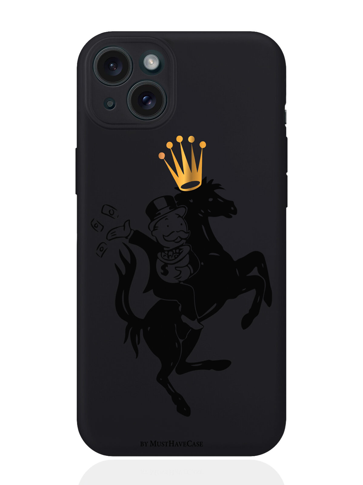 Чехол для смартфона iPhone 15 Plus черный силиконовый Monopoly на коне
