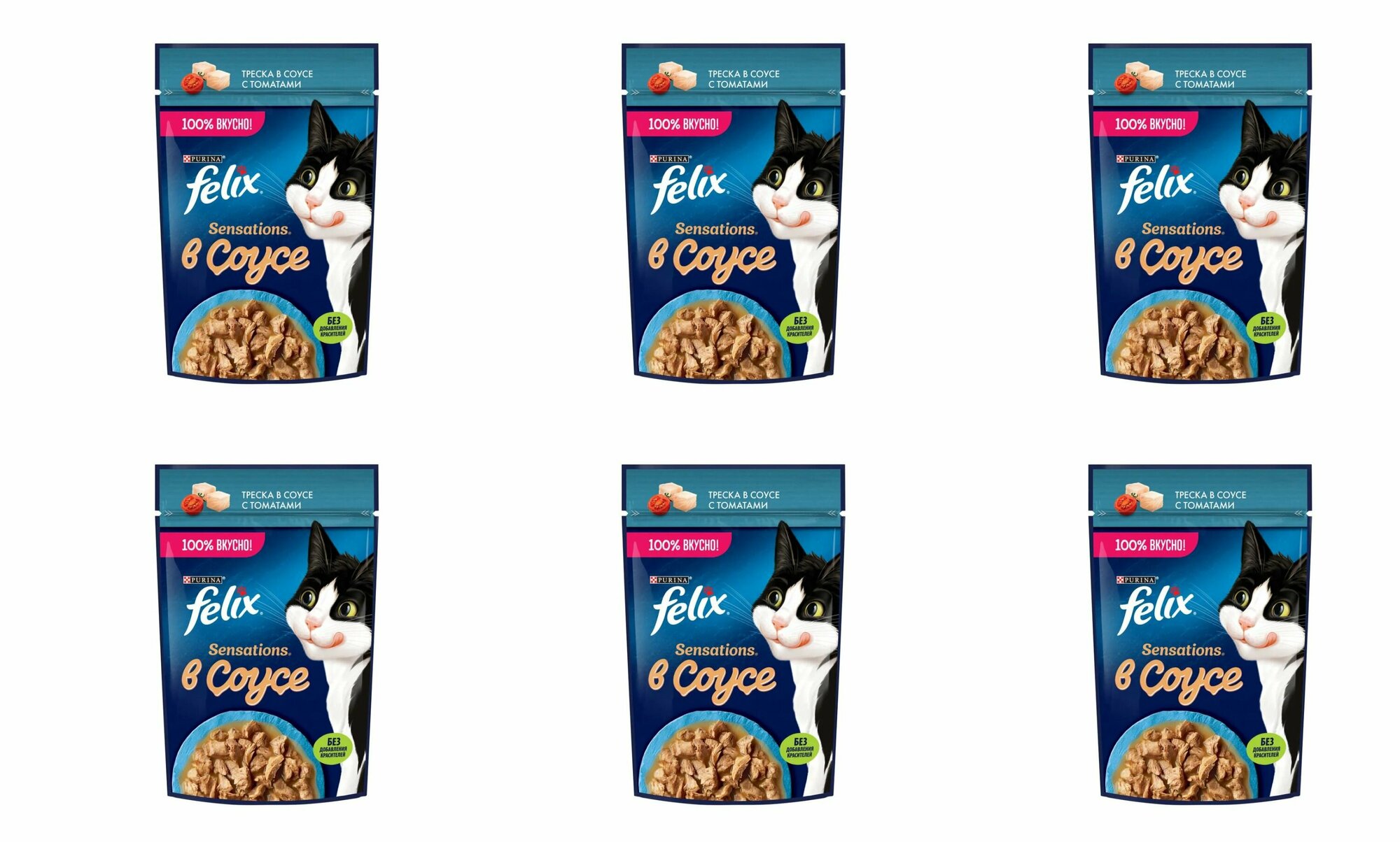 Felix влажный корм в удивительном соусе для кошек, Sensations, треска с томатами, 75 г, 6 шт