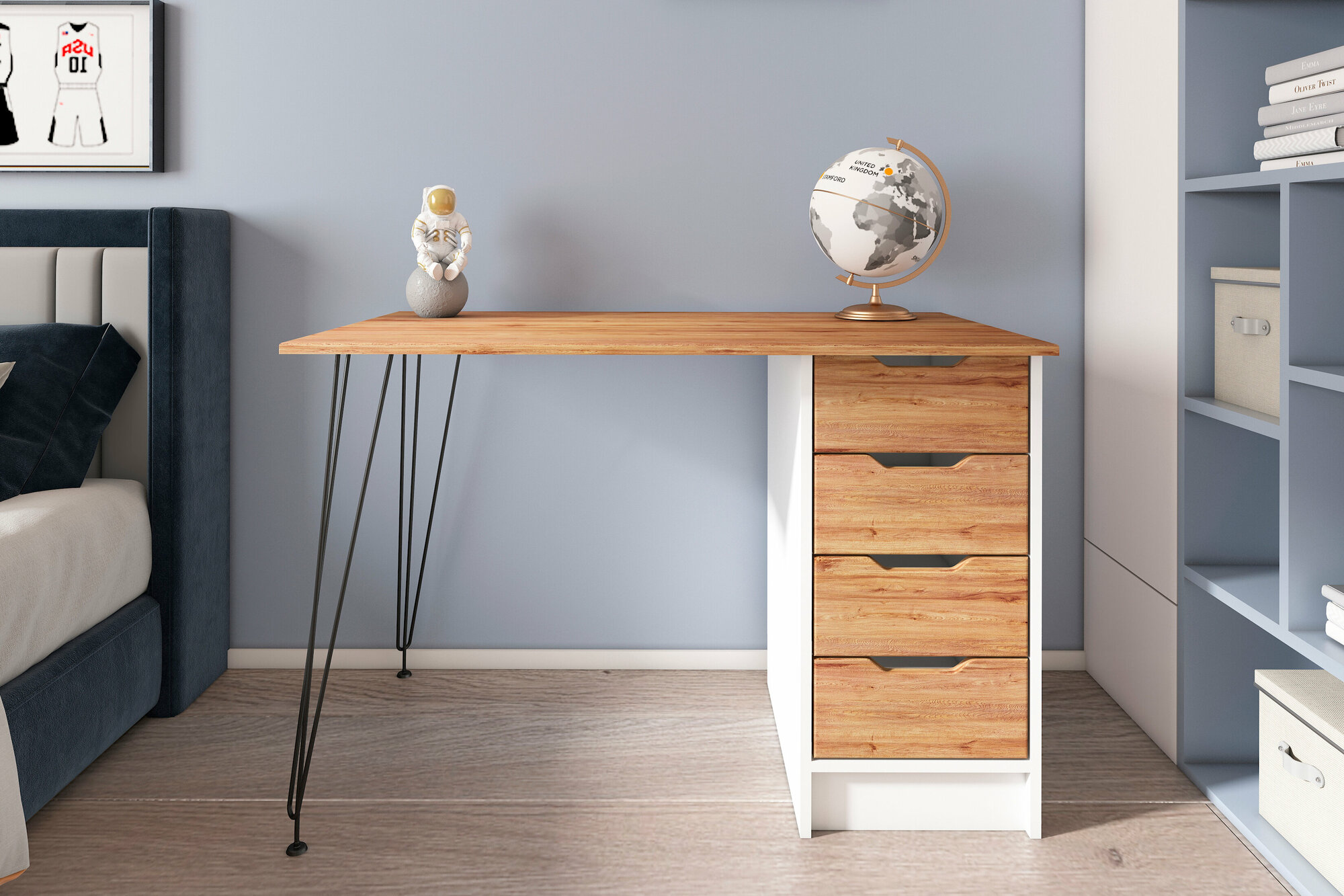 Стол письменный с четырьмя ящиками белый - дуб бомонт натуральный