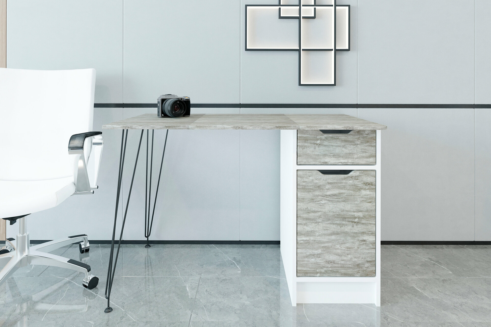 Письменный стол Kraft, с тумбой и ящиком, 110х60х73 см белый - дуб лофт графит