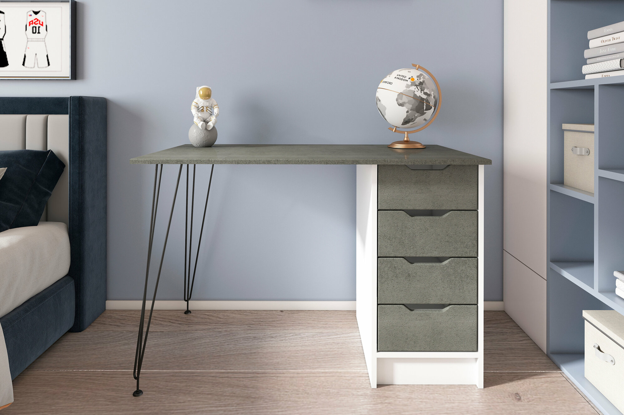 Стол письменный ВМФ Kraft, с четырьмя ящиками, МДФ ЛДСП металл, белый - камень серый, тумба справа