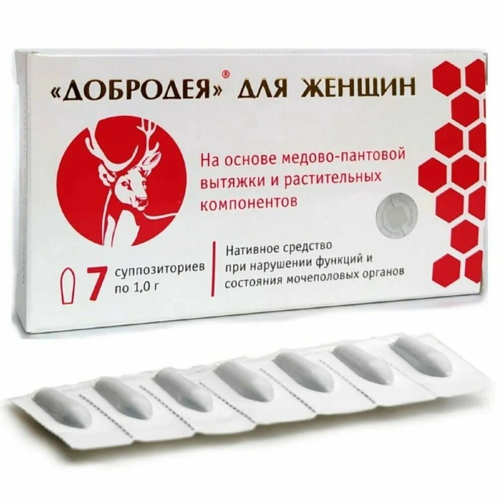 "Добродея" для женщин (в суппозиториях), 7 шт. При кандидозе, эрозии, эндометриозе, климаксе. Сашера-Мед.