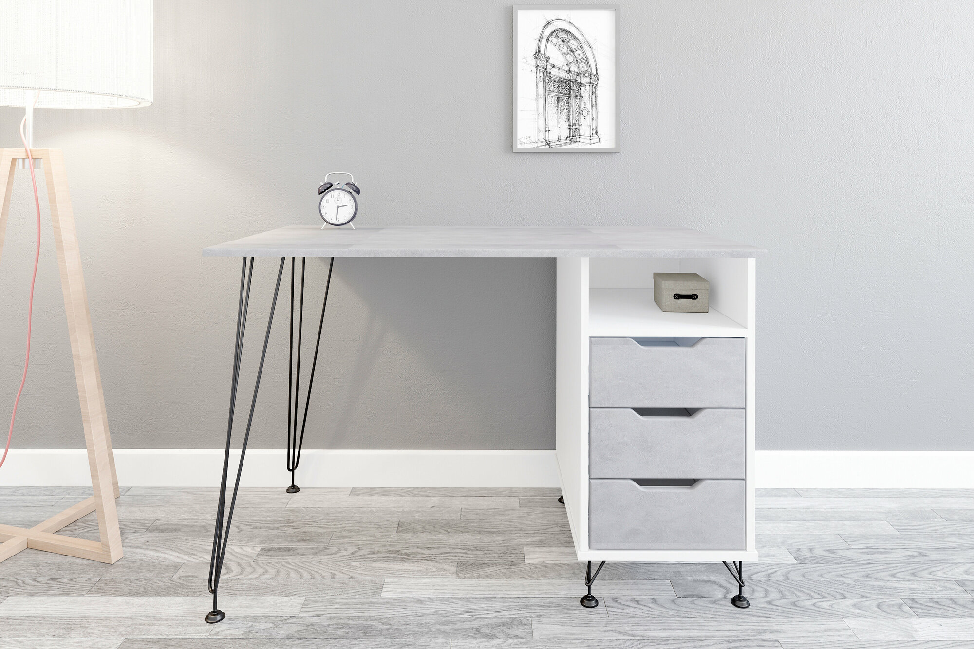 Стол письменный с тремя ящиками и полкой белый - бетон лофт грей