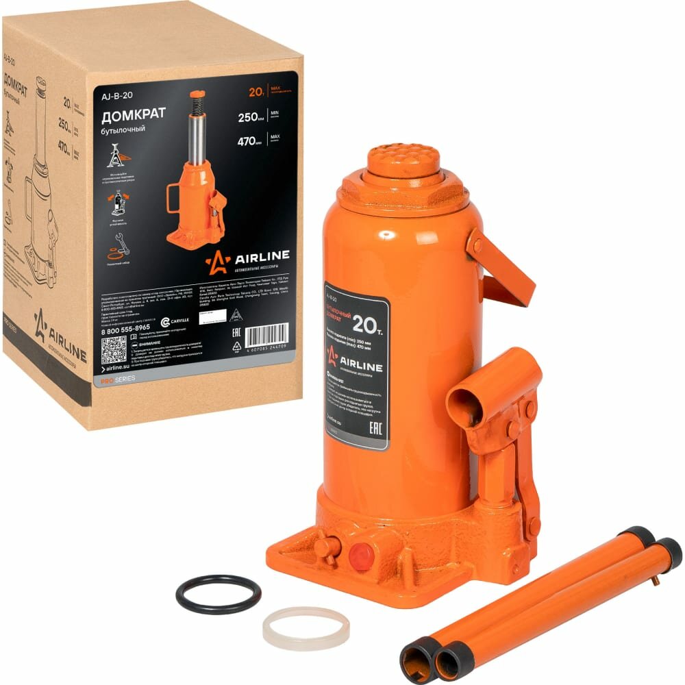 Бутылочный домкрат Airline 20 т, в сумке, MIN - 250 мм, MAX - 470 мм AJ-B-20