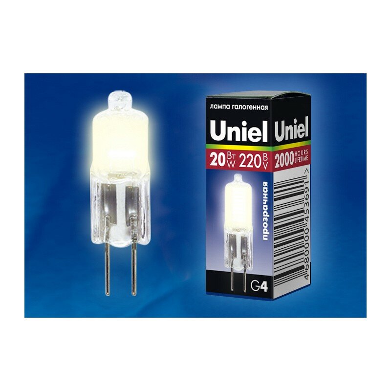 Лампа галогенная Uniel JC-220/20/G4 CL обладает цоколем G4 и мощностью в 20 вт, имеет прозрачную колбу, цена за 1 шт