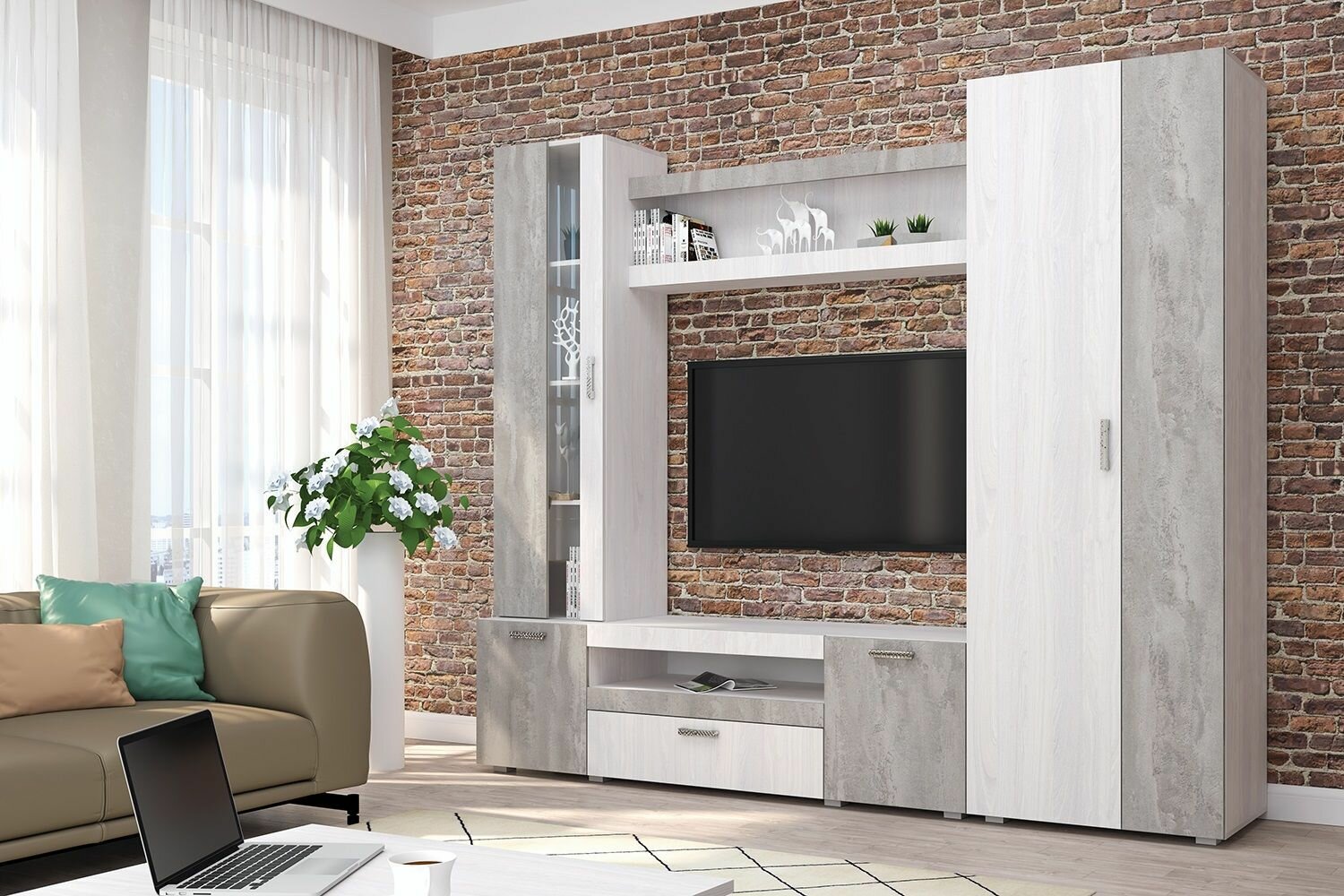 Стенка для гостиной "Соло" Анкор Светлый/Бетонный Камень