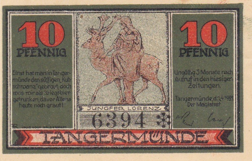 Германия (Веймарская Республика) Тангермюнде 10 пфеннигов 1921 г. (2)