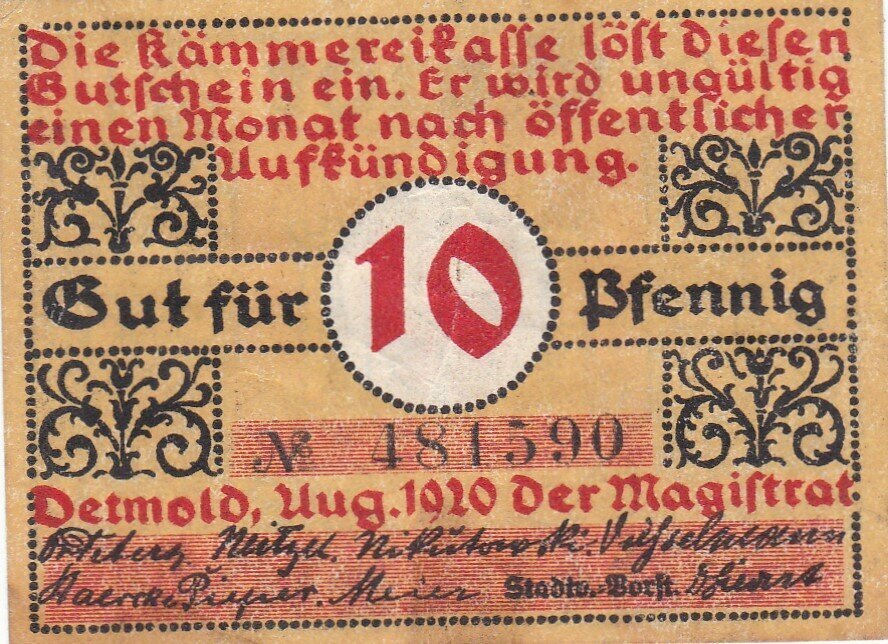 Германия (Веймарская Республика) Детмольд 10 пфеннигов 1920 г. (5)