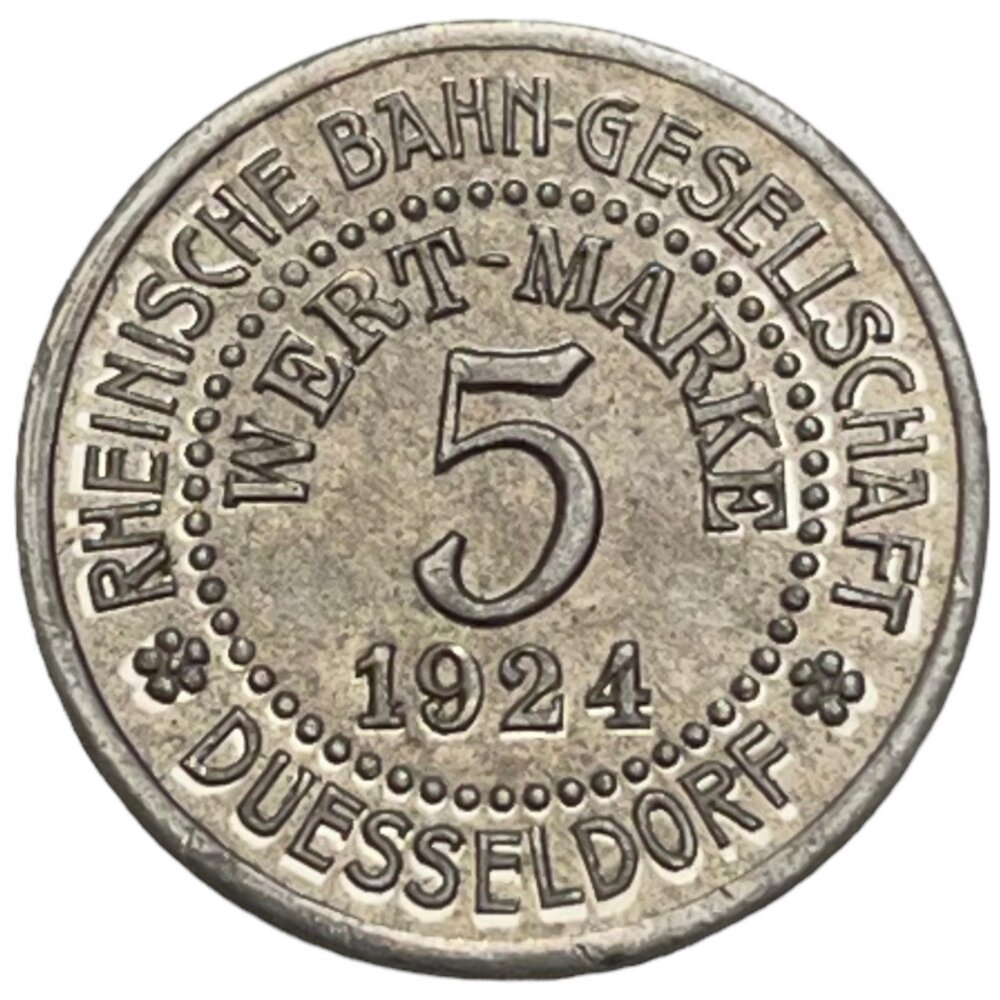 Германия (Веймарская Республика) Дюссельдорф 5 пфеннигов 1924 г. (Железнодорожный токен) (№1)