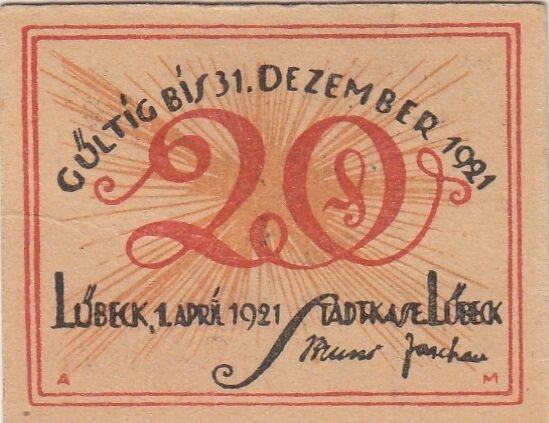 Германия (Веймарская Республика) Любек 20 пфеннигов 1921 г. (№4) (2)