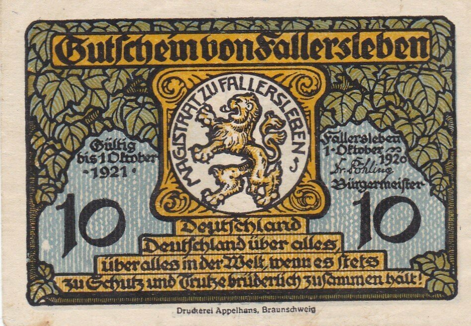 Германия (Веймарская Республика) Фаллерслебен 10 пфеннигов 1920 г. (2)