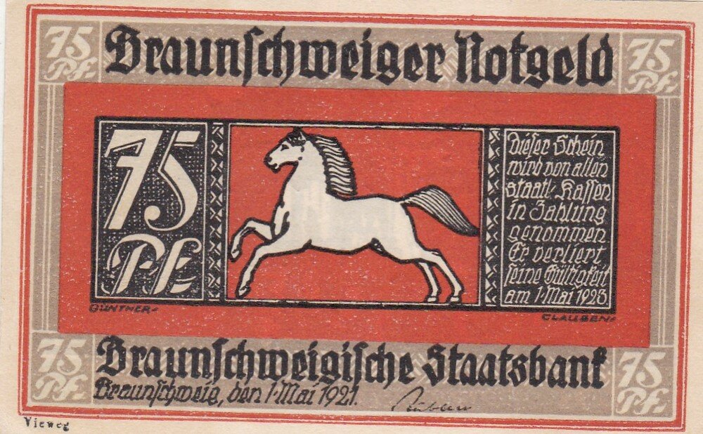 Германия (Веймарская Республика) Брауншвейг 75 пфеннигов 01.05.1921 г. (Вид 1) (6)