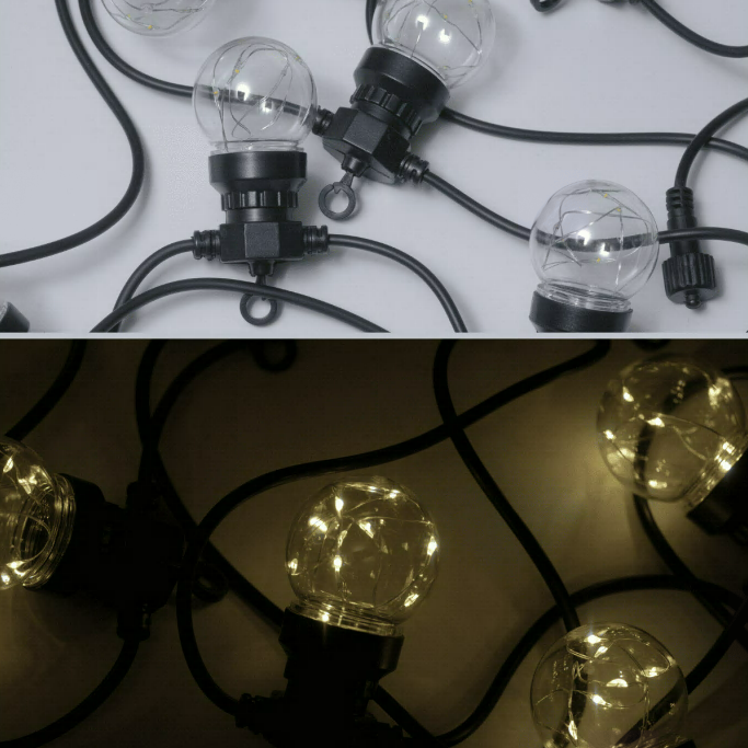 Гирлянда 5 м 10 ламп с нитью росой 3В прозрачная колба G50 теплый свет, солнечная энергия