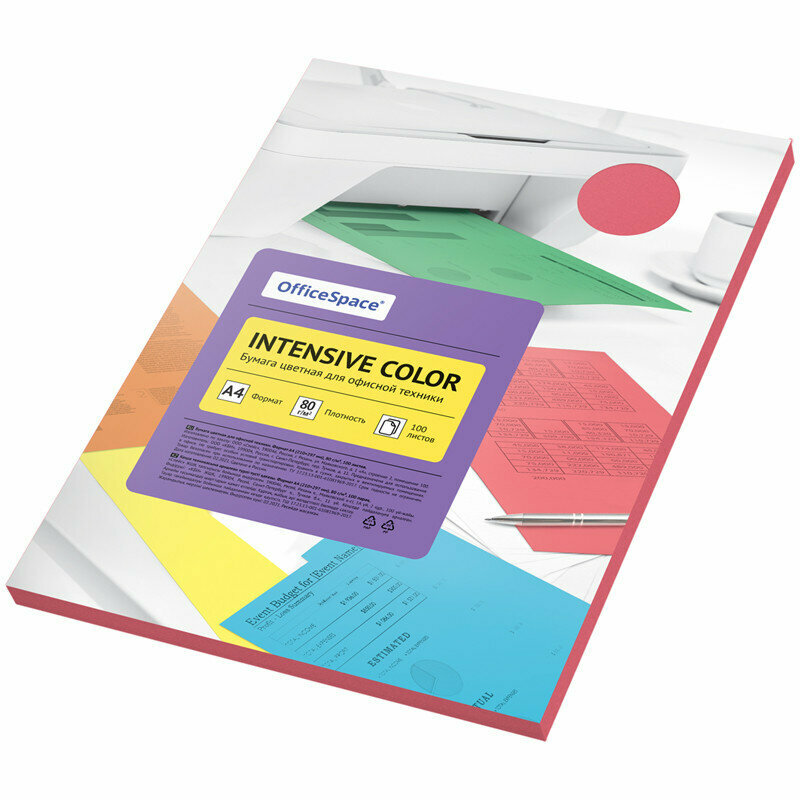 Бумага цветная OfficeSpace "Intensive Color", А4, 80г/м, 100л, (красный), 315727